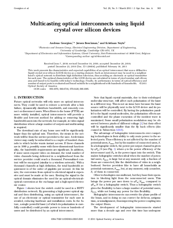 Pdf Multicasting Optical Interconnects Using Liquid Crystal Over
