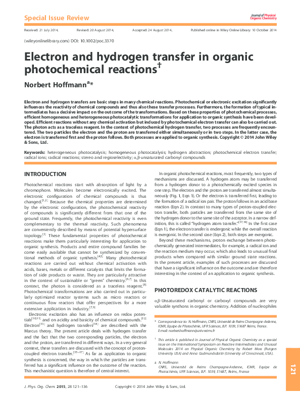 (PDF) Electron and hydrogen transfer organic photochemcial reactions