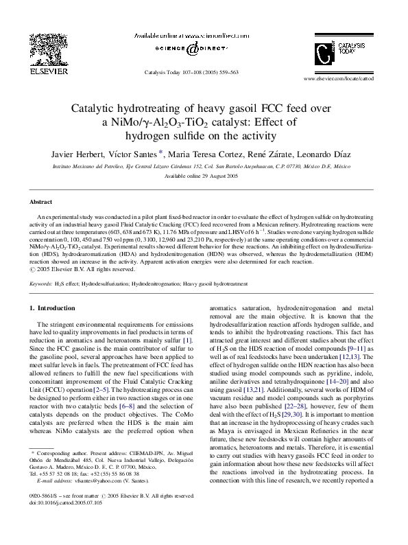 (PDF) Catalytic hydrotreating of heavy gasoil FCC feed over a NiMo/γ ...