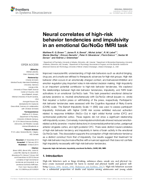 (PDF) Neural correlates of high-risk behavior tendencies and ...