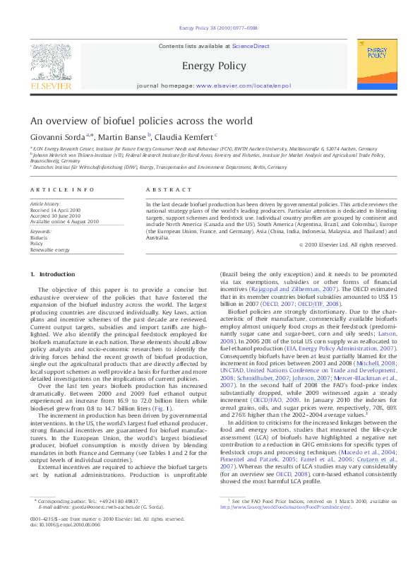 (PDF) An overview of biofuel policies across the world