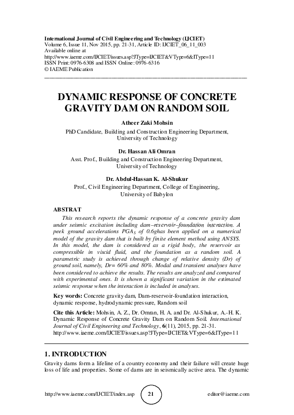 (PDF) DYNAMIC RESPONSE OF CONCRETE GRAVITY DAM ON RANDOM SOIL