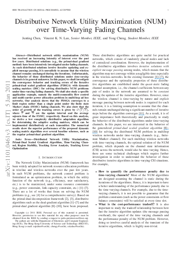 (PDF) Distributive Network Utility Maximization Over Time-Varying Fading Channels