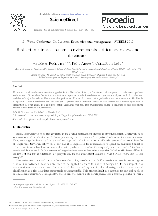 (PDF) Risk Criteria in Occupational Environments: Critical Overview and ...