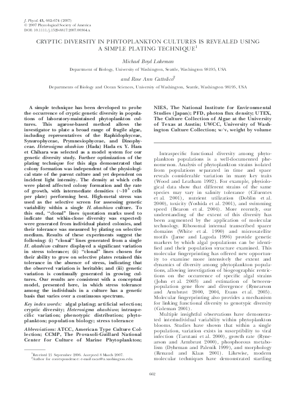 (PDF) CRYPTIC DIVERSITY IN PHYTOPLANKTON CULTURES IS REVEALED USING A ...