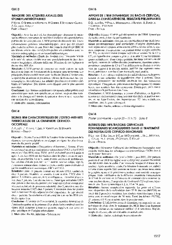 (PDF) OA15 Apport de l’IRM dynamique du rachis cervical dans la cervicarthrose. Resultats ...