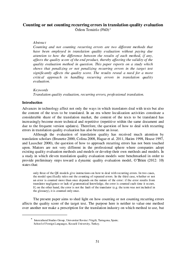 Pdf Counting Or Not Counting Recurring Errors In Translation Quality