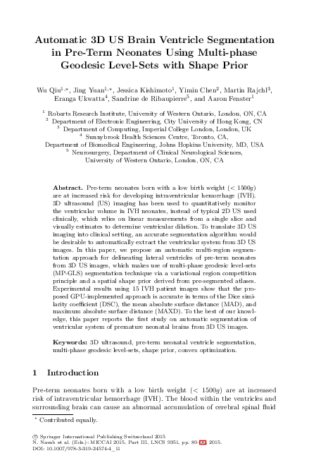 Pdf Automatic 3d Us Brain Ventricle Segmentation In Pre Term Neonates Using Multi Phase