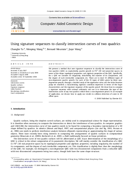 (PDF) Using signature sequences to classify intersection curves of two quadrics