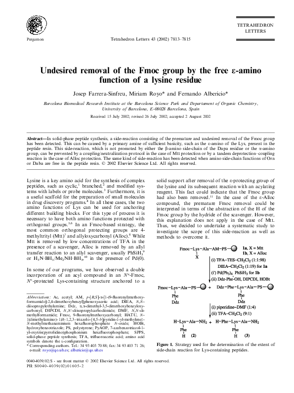 (PDF) Undesired removal of the Fmoc group by the free ε-amino function ...