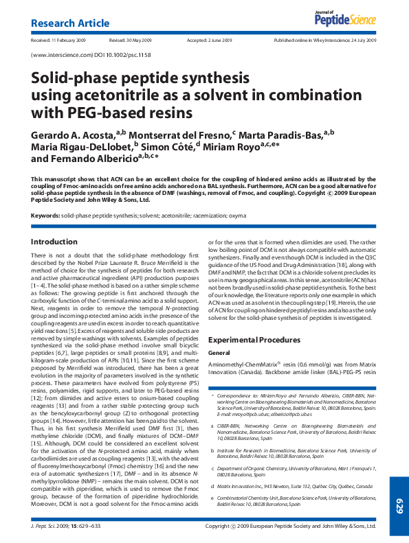 (PDF) Solid-phase peptide synthesis using acetonitrile as a solvent in combination with PEG ...