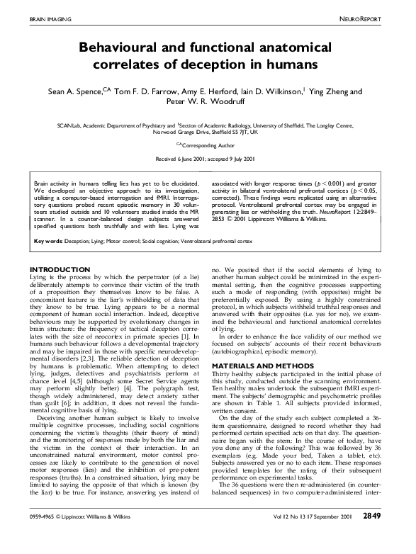 Pdf Behavioural And Functional Anatomical Correlates Of Deception In Humans