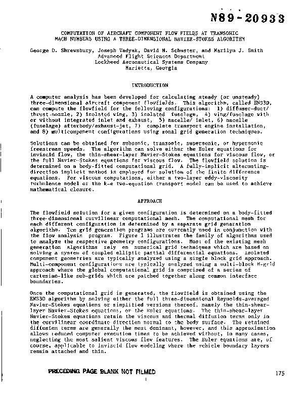 (PDF) N89-2093'3 COMPUTATION OF AIRCRAFT COMPONENT FLOW FIELDS AT TRANSONIC MACH NUMBERS USING A ...