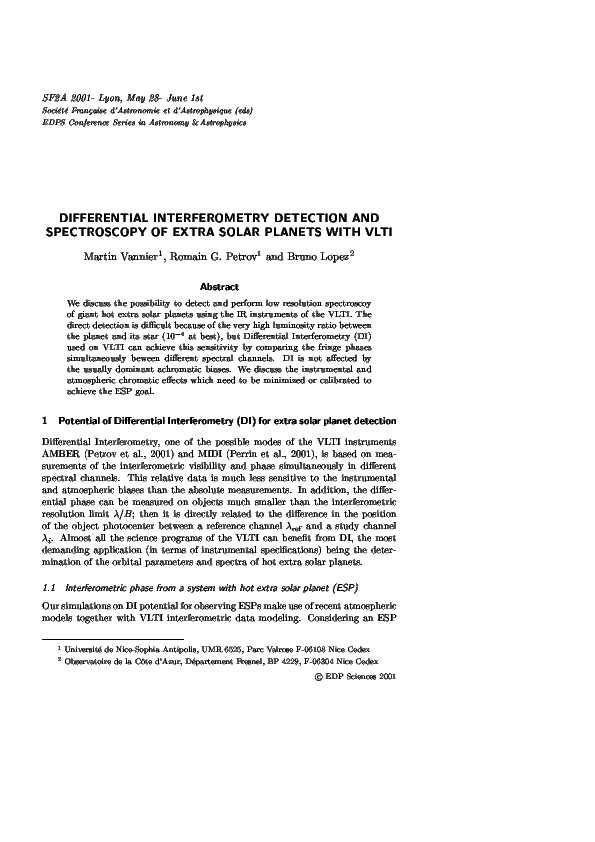(PDF) Differential interferometry detection and spectroscopy of extra solar planets with VLTI
