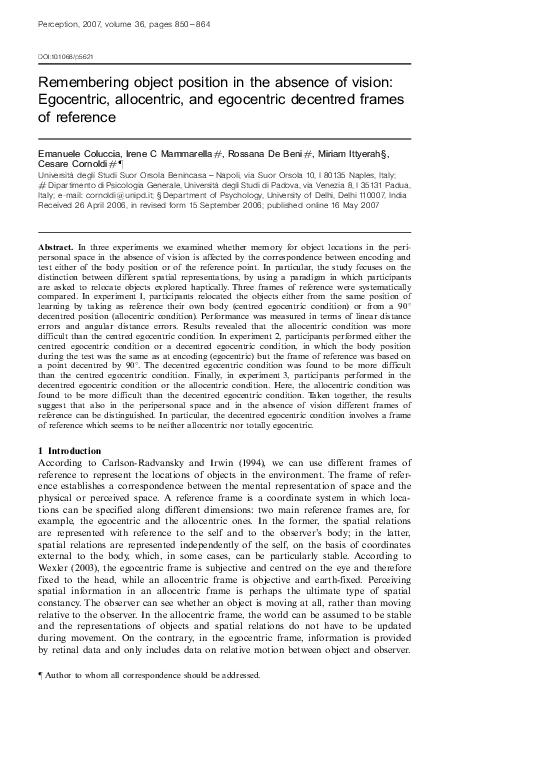 (PDF) Remembering object position in the absence of vision: Egocentric, allocentric, and ...
