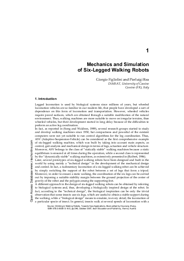 (PDF) Mechanics and Simulation of Six-Legged Walking Robots