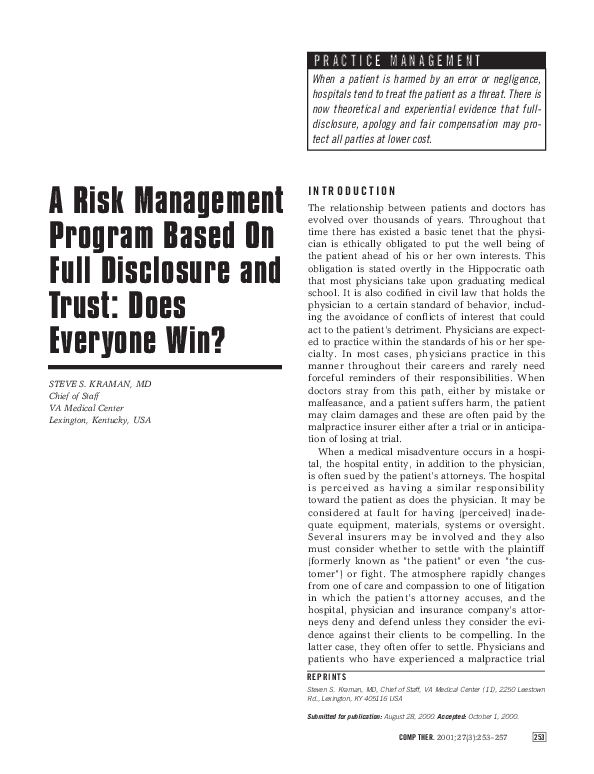 (PDF) A risk management program based on full disclosure and trust ...