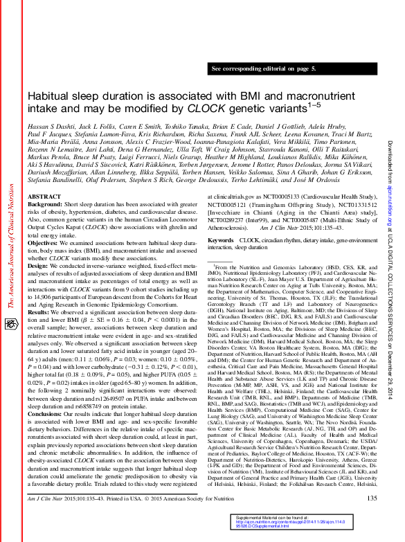 (PDF) Habitual sleep duration is associated with BMI and macronutrient intake and may be ...