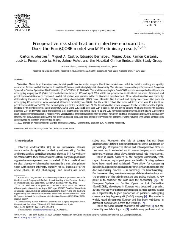 (PDF) Preoperative risk stratification in infective endocarditis. Does ...
