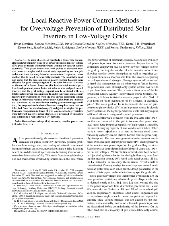 Pdf Local Reactive Power Control Methods For Overvoltage Prevention Of Distributed Solar