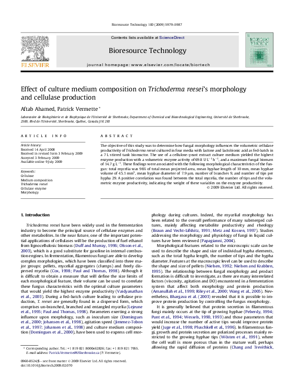 Pdf Effect Of Culture Medium Composition On Trichoderma Reeseis Morphology And Cellulase