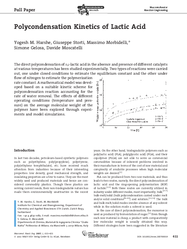 (PDF) Polycondensation Kinetics of Lactic Acid