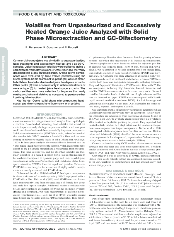 Pdf Volatiles From Unpasteurized And Excessively Heated Orange Juice Analyzed With Solid Phase