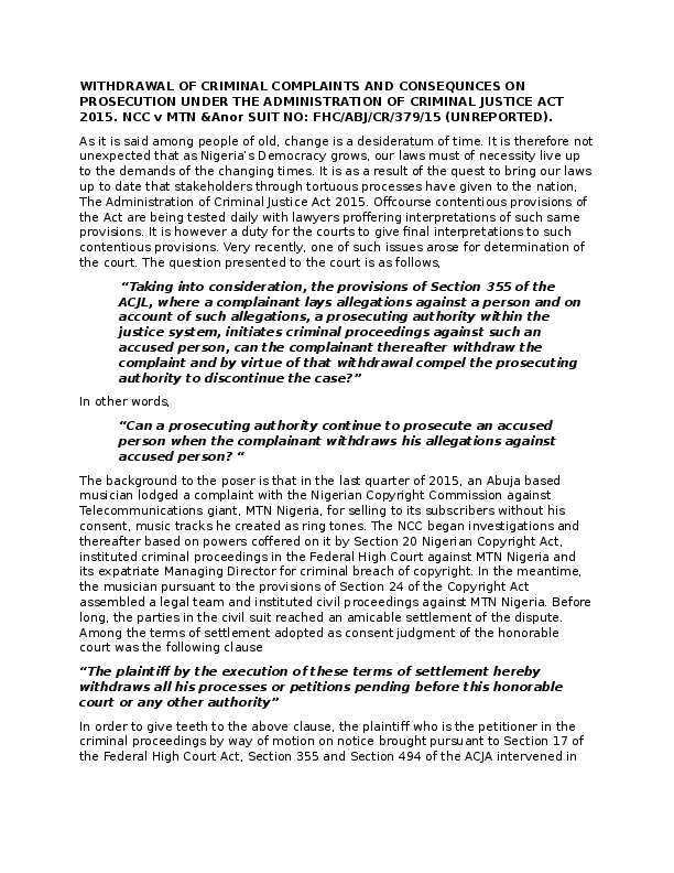 (DOC) WITHDRAWAL OF CRIMINAL COMPLAINTS AND CONSEQUNCES ON PROSECUTION ...