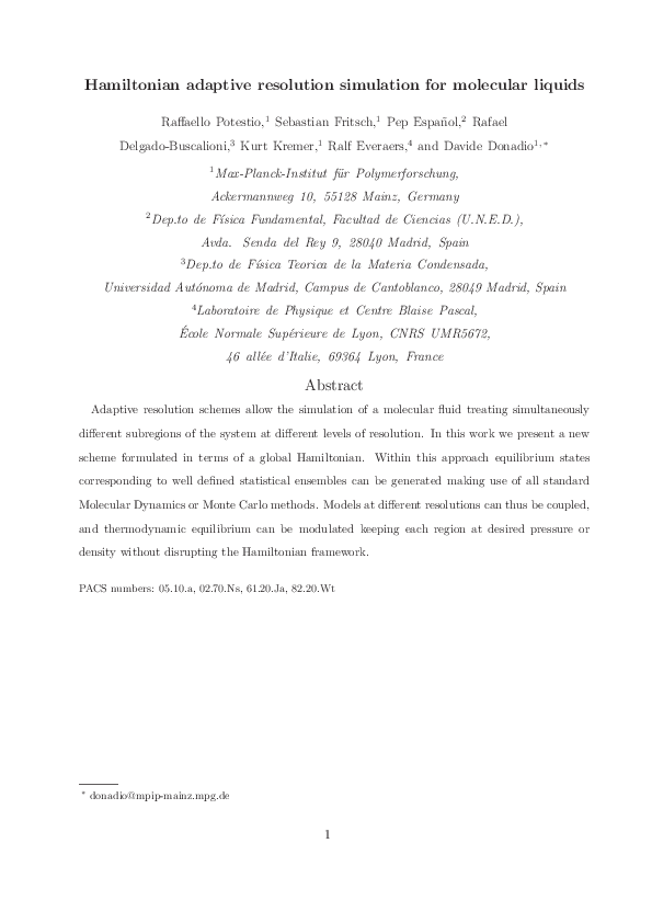 (PDF) Hamiltonian Adaptive Resolution Simulation for Molecular Liquids