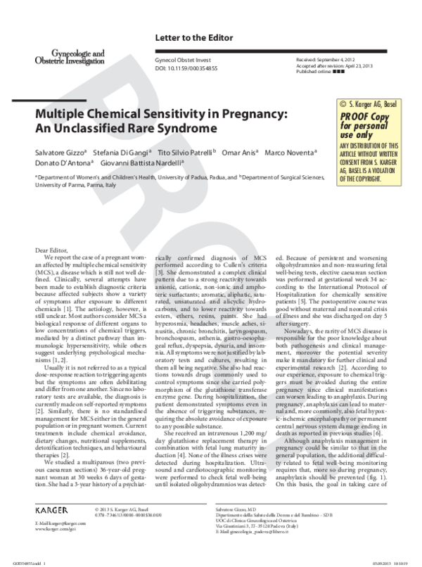 (PDF) Multiple Chemical Sensitivity in Pregnancy: An Unclassified Rare ...