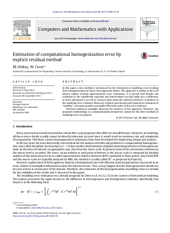 (PDF) Estimation of computational homogenization error by explicit residual method