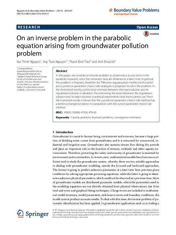 Pdf On An Inverse Problem In The Parabolic Equation Arising From Groundwater Pollution Problem