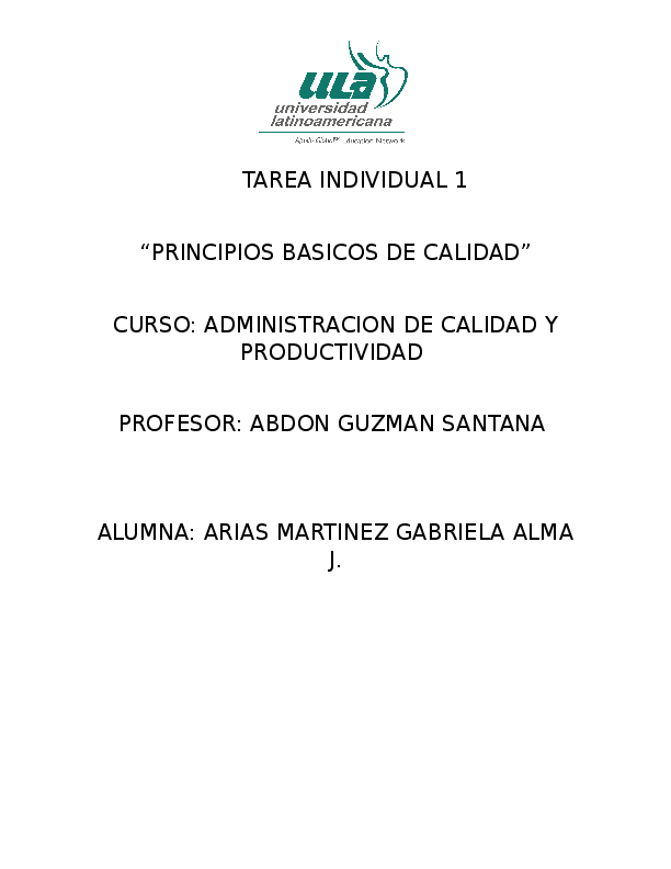 (DOC) TAREA INDIVIDUAL 1 " PRINCIPIOS BASICOS DE CALIDAD " CURSO: ADMINISTRACION DE CALIDAD Y ...