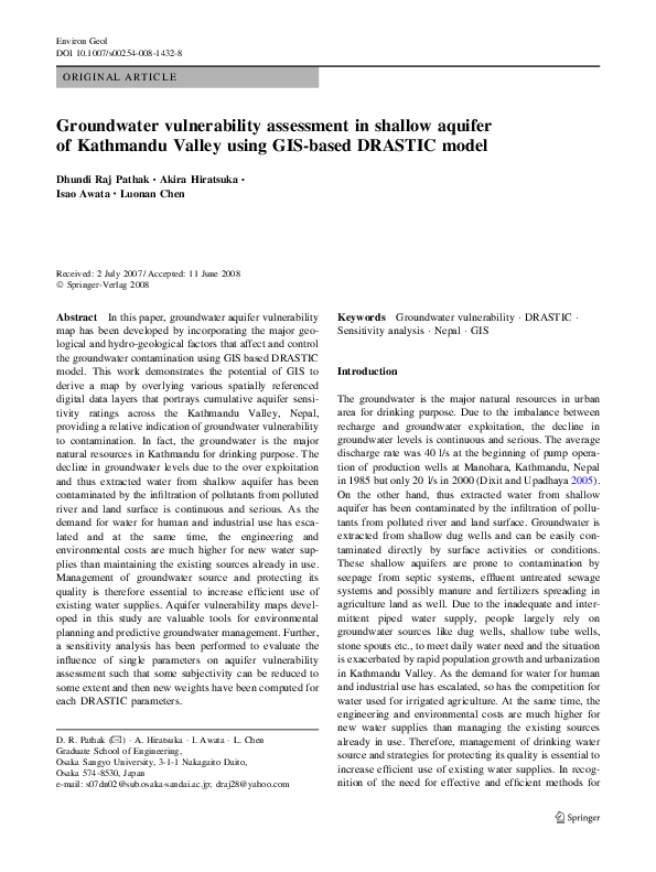 Pdf Groundwater Vulnerability Assessment In Shallow Aquifer Of Kathmandu Valley Using Gis