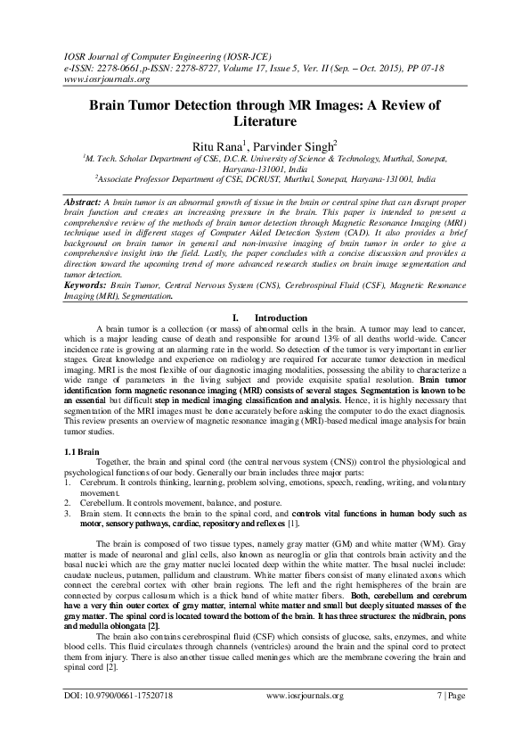 (PDF) Brain Tumor Detection through MR Images: A Review of Literature