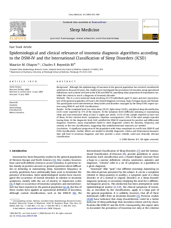 (PDF) Epidemiological and clinical relevance of insomnia diagnosis ...