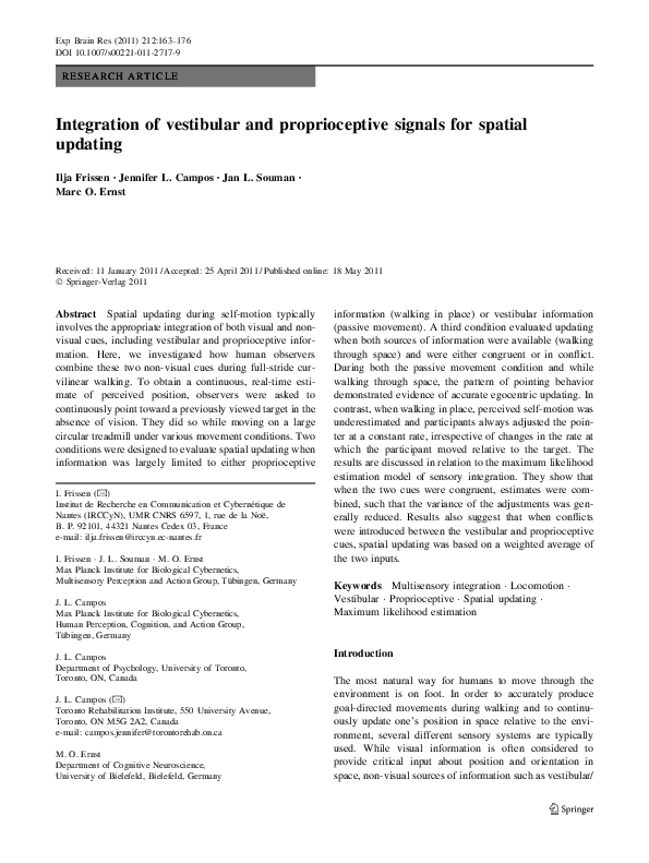 (PDF) Integration of vestibular and proprioceptive signals for spatial ...