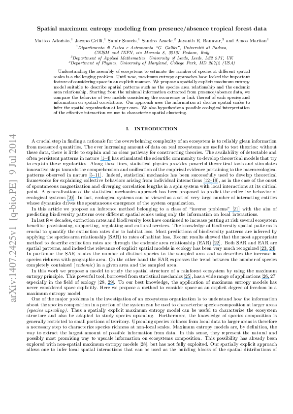 Pdf Spatial Maximum Entropy Modeling From Presenceabsence Tropical