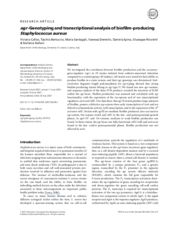(PDF) agr -Genotyping and transcriptional analysis of biofilm-producing Staphylococcus aureus