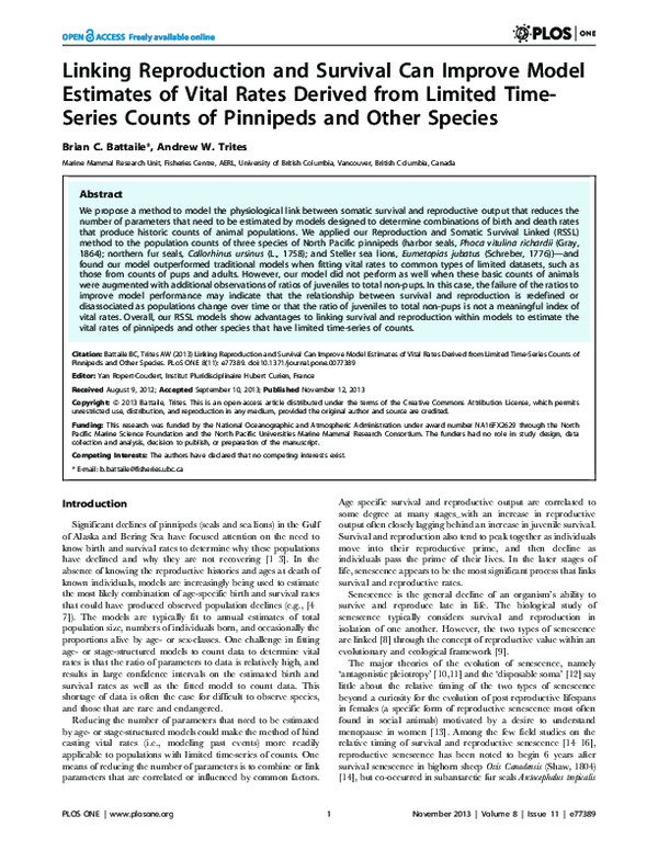 (PDF) Linking Reproduction and Survival Can Improve Model Estimates of ...