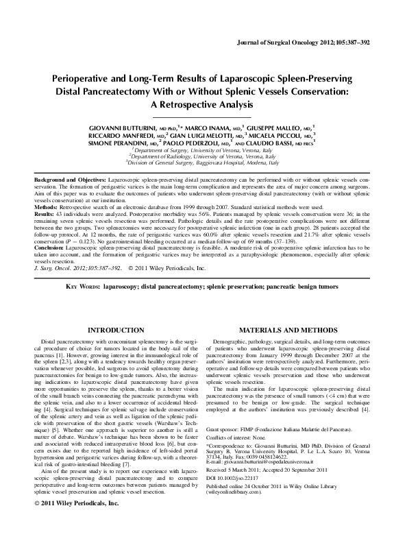 (PDF) A comparative analysis of Laparoscopic splenic vessel-preserving vs Warshaw distal ...