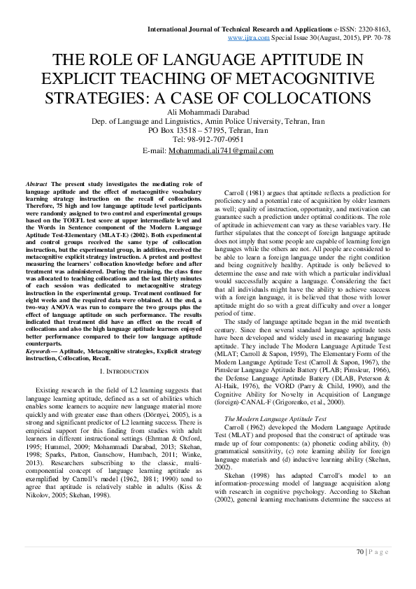 THE ROLE OF LANGUAGE APTITUDE IN EXPLICIT TEACHING OF METACOGNITIVE ...