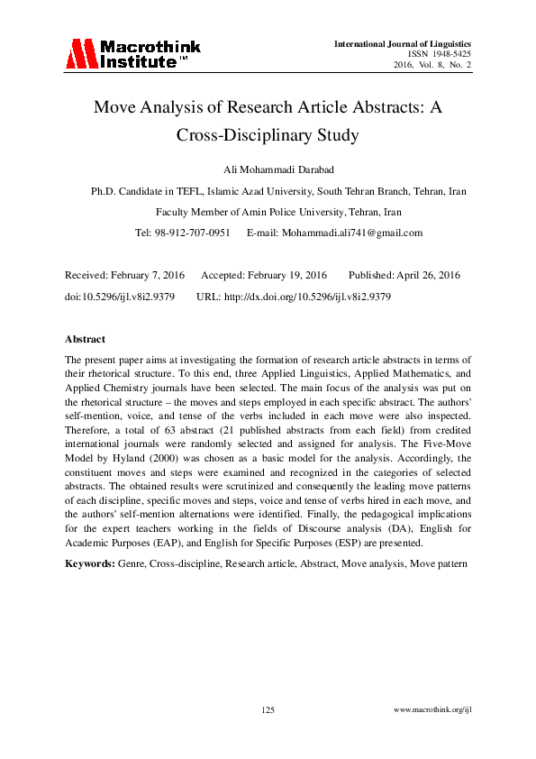 Move Analysis of Research Article Abstracts: A Cross-Disciplinary Study