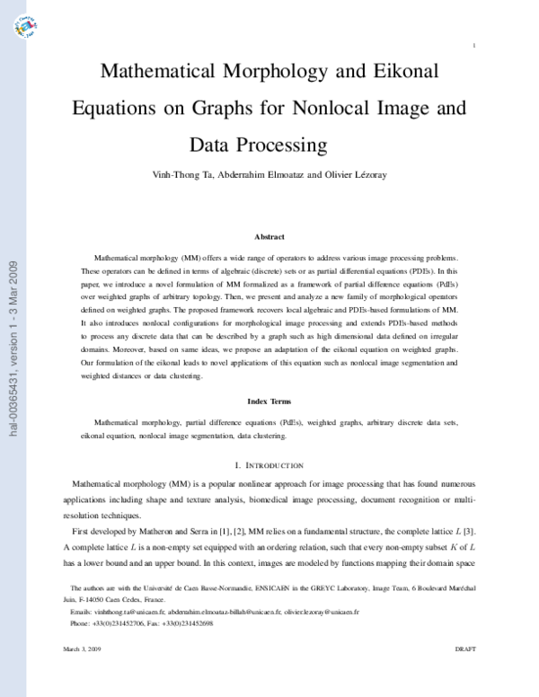 (PDF) Mathematical Morphology and Eikonal Equations on Graphs for Nonlocal Image and Data Processing