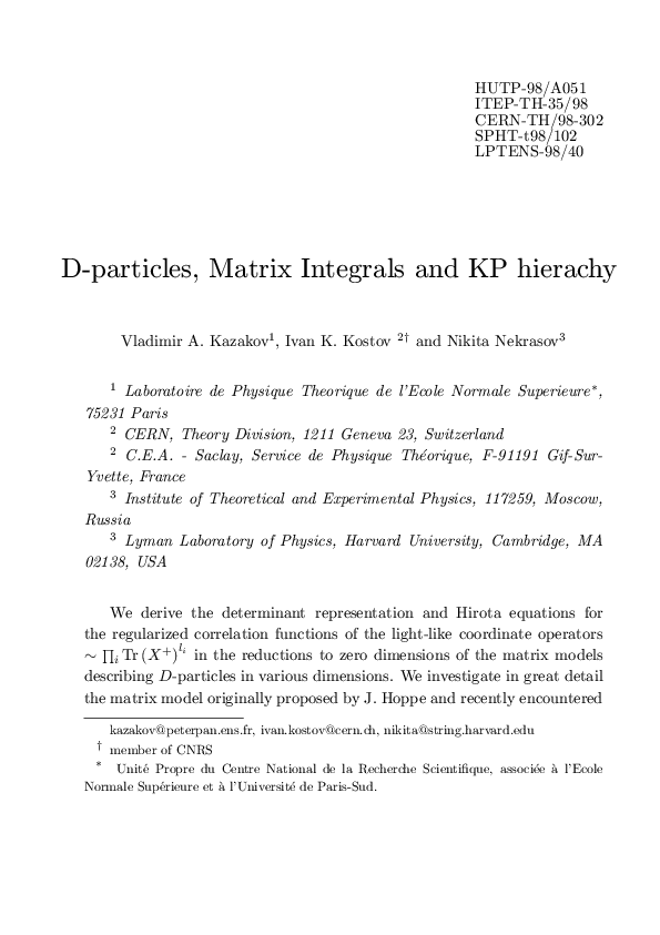 (PDF) D-particles, matrix integrals and KP hierarchy