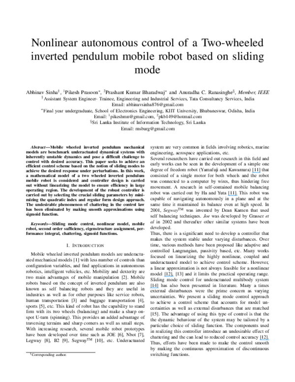 Pdf Nonlinear Autonomous Control Of A Two Wheeled Inverted Pendulum Mobile Robot Based On