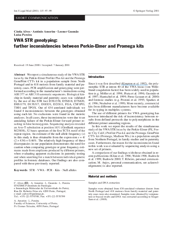 (PDF) VWA STR genotyping: further inconsistencies between Perkin-Elmer ...