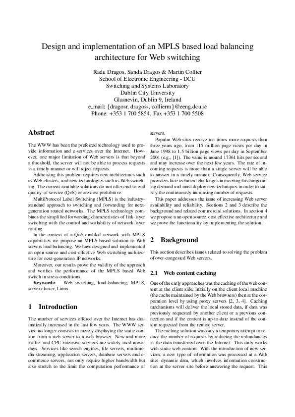 (PDF) Design and implementation of an MPLS based load balancing architecture for Web switching