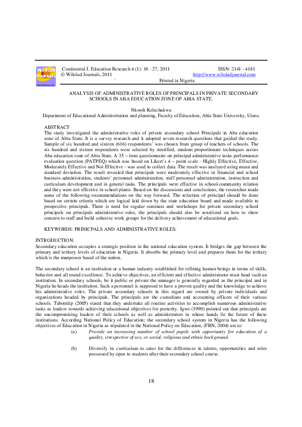 (PDF) ANALYSIS OF ADMINISTRATIVE ROLES OF PRINCIPALS IN PRIVATE SECONDARY SCHOOLS IN ABA ...