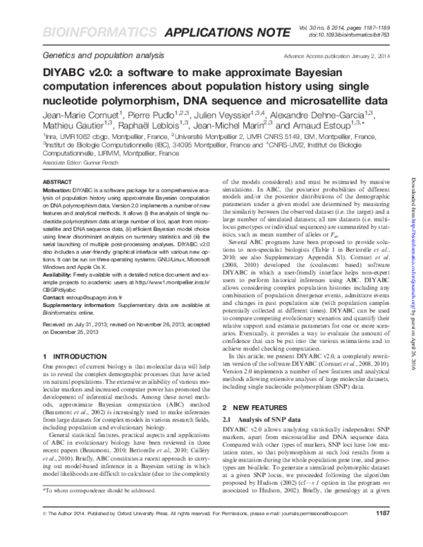 Pdf Diyabc V20 A Software To Make Approximate Bayesian Computation Inferences About